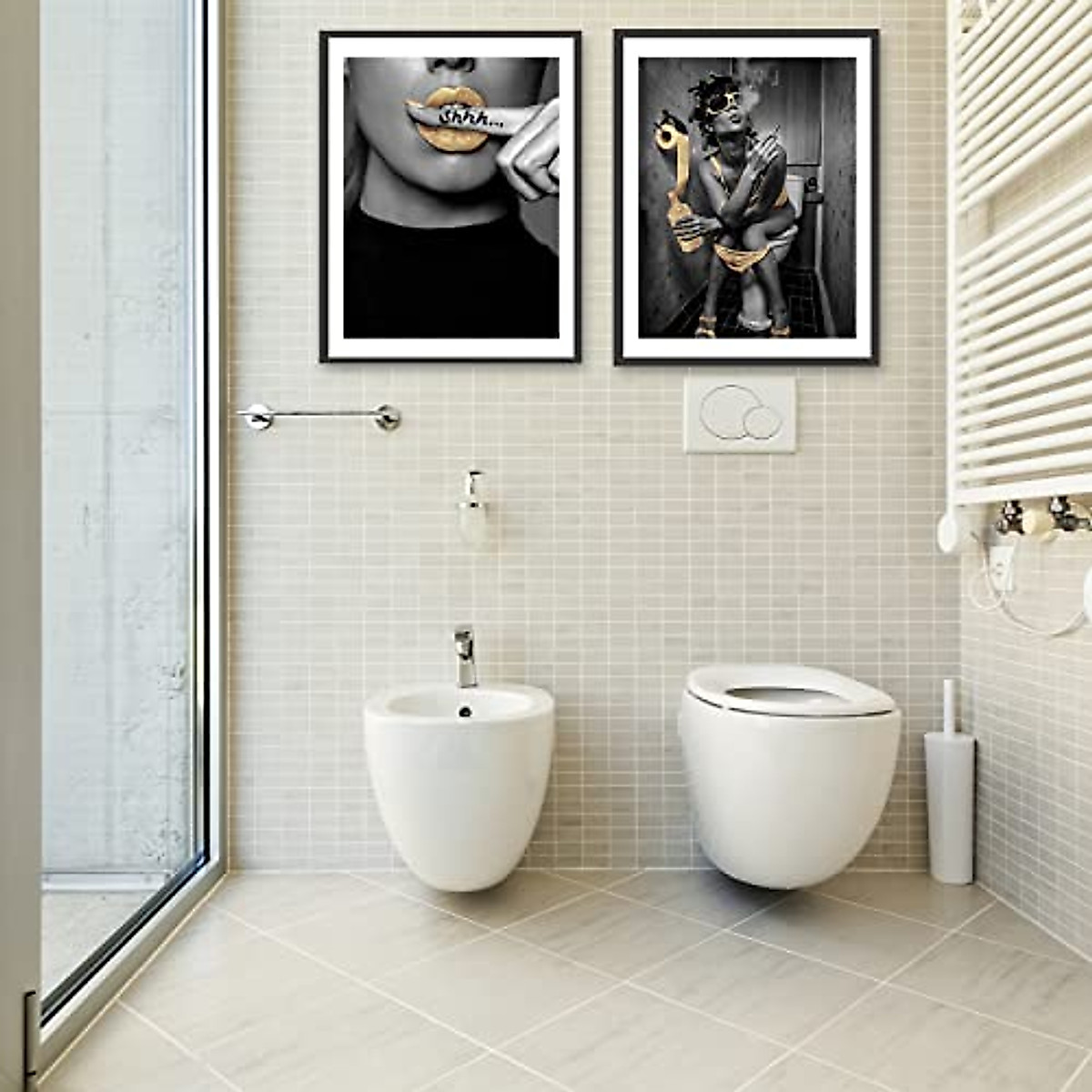 Admmixoo Bathroom Decor Wall Art Prints Glam Glitter Tissue Black Gold Funny Bathroom Toilet Paper Artwork for Wall Black White Yellow Modern Fashion Art Gallery Wall Set (8"x10" UNFRAMED)