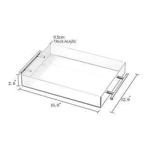 Richboom Clear Acrylic Serving Tray 16"x12" - Coffee Table Living Room Kitchen Decorative Tray with Silver Metal Handles, Bathroom Vanity Tray Perfume Cosmetic Storage Organizer
