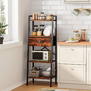 Furologee 4 Tier Ladder Shelf, Narrow Ladder Book Shelf with Drawer, Modern Bookcase Freestanding Shelf Units, Storage Shelves Organizer for Bedroom, Living Room, Bathroom, Home Office, Rustic Brown