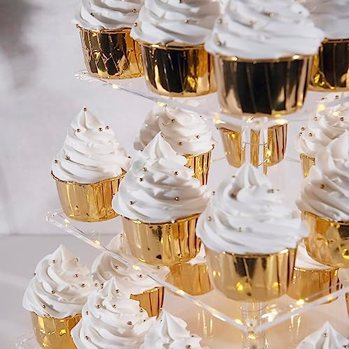 OLACHIKKO Cupcake Stand, Elegant Cupcake Holder with Brighter Yellow LED String Light, Clear 4-Tier Square Acrylic Cupcake Tower for Wedding, Birthday, Baby Shower, Party