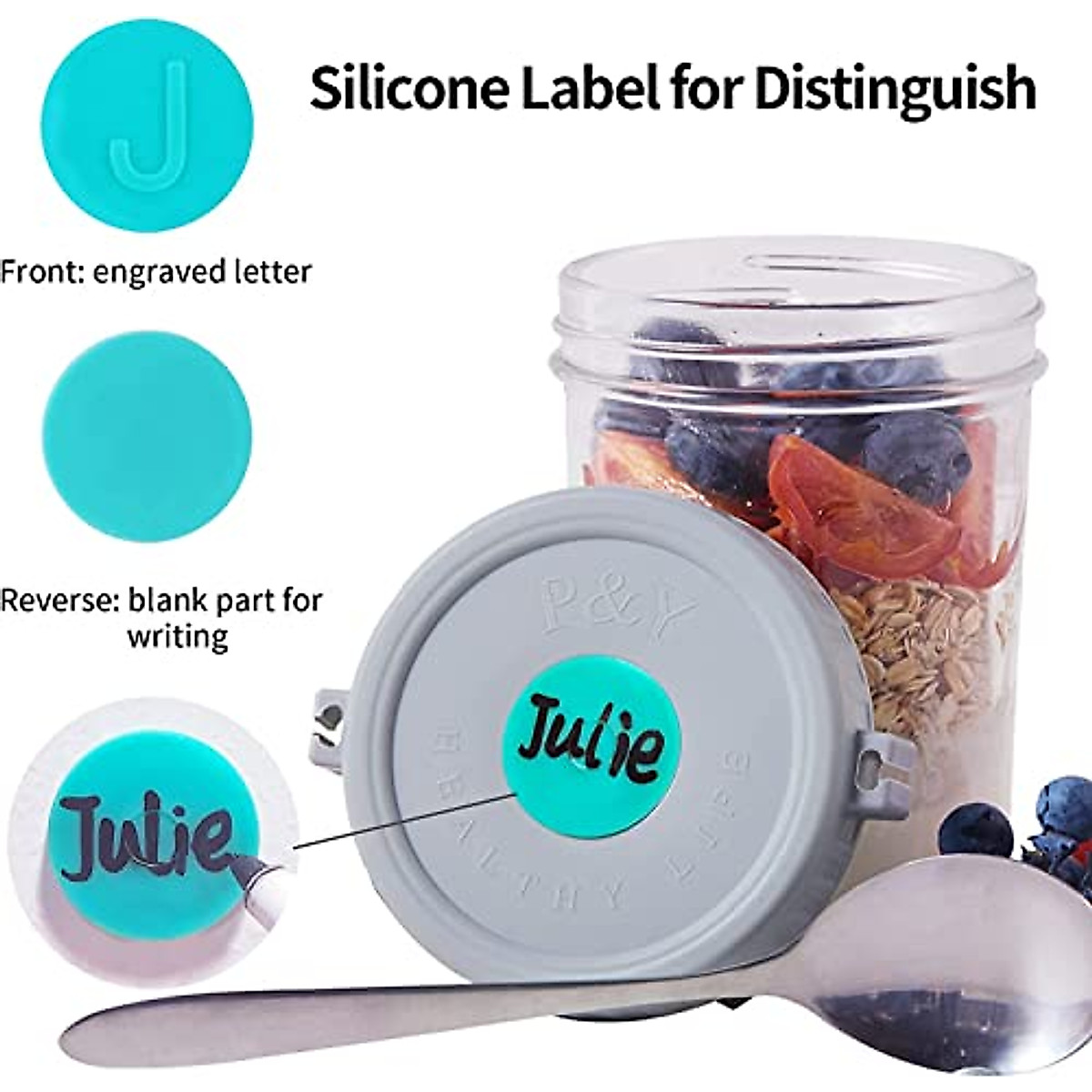 P&Y Overnight Oats Containers with Lids, 12 Oz Glass with Spoons for Mason Overnight Oats Jars, Oatmeal Container with Letter Silicone Label for Cereal Yogurt Fruit (Gray K Forks, 2Pack) (YMB New)