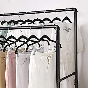 SONGMICS Industrial-Style Pipe Clothes Rack Bundle with 30 Clothes Hangers, Rolling Garment Rack with Bottom Storage Shelf, Velvet Hangers with Adjustable Clips, Black UHSR60B and UCRF12B30