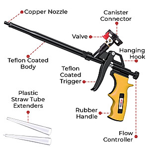 Wolline Spray Foam Gun Insulation (2 x Foam Gun / 4 Nozzle) Foam Spray Gun, Teflon-Coated Professional Expanding Foam Gun, Foam Dispensing Gun, for Caulking, Insulating Foam Applicator Yellow - 2 Pack