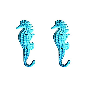 Laide Seahorse Hook Wall Mounted Cast Iron for Hat Keys Robe Coat Towel Coat Beach House Decor Home Decoration Accessories 2 Pieces (Blue)