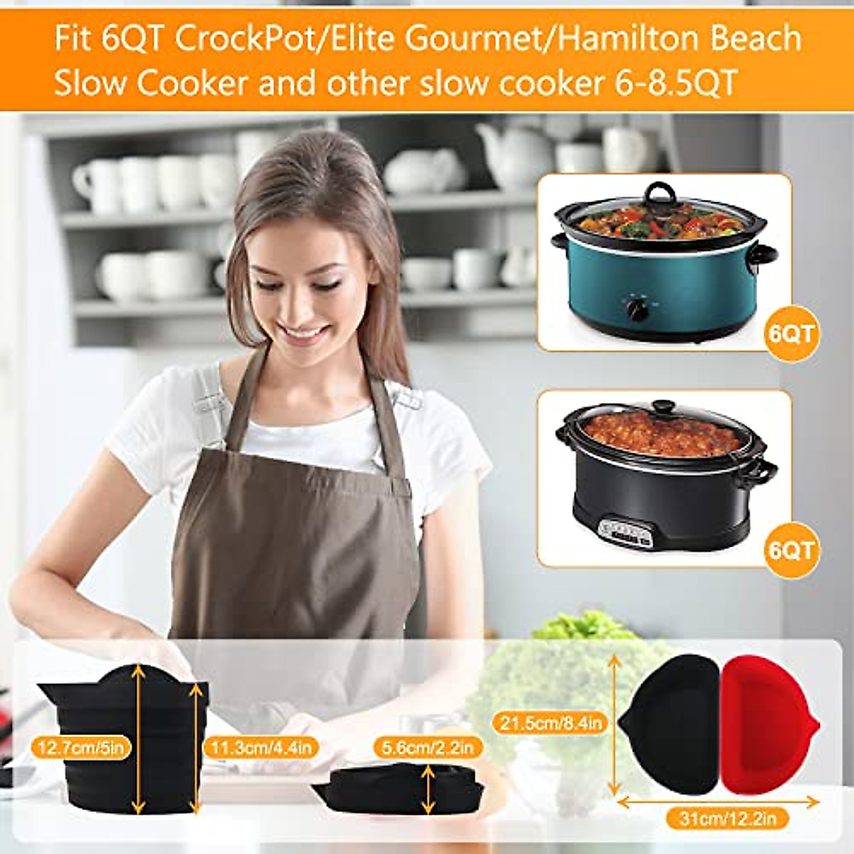 Slow Cooker Liners, Silicone Crock-Pot Liners Fit 6 QT Pot, Reusable/Leakproof/Silicone Divider Insert, Dishwasher Safe Liners for 6 Quart Oval Slow Cookers(Red+Black）