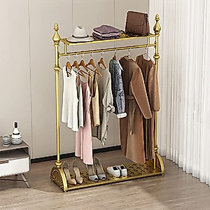 Clothing Rack Gold, Industrial Clothes Rack for hanging Clothes with Double Shelves Freestanding Multi-functional Heavy Duty Garment Rack, Metal Movable Portable Coat Rack for Organizing Clothes Shoes