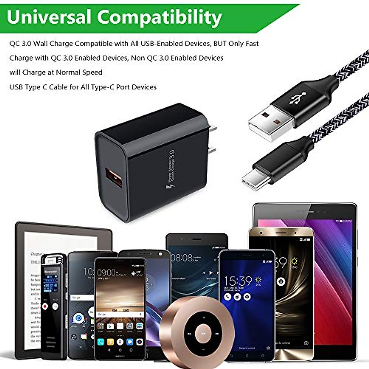 Quick Charge 3.0 Fast Charging USB Wall Charger Plug with 6ft Type C Cable for Samsung Galaxy S23 S22 Plus S21 S23 Ultra/S21+ S20 FE Note20 A53 A13 A03S A21 A51 A12 A20 A10E A50 A71 A32 A52 S10 S9 S8