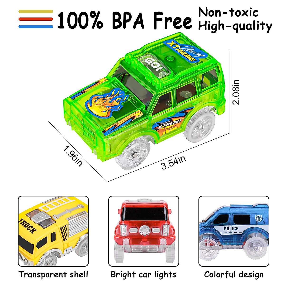 Tracks Cars Replacement Only - Light Up Magic Cars for Tracks Compatible with Glow in The Dark Toy Cars with 5 LED Flashing Lights for Most Race Tracks Only Toy Cars Track Car Accessories (4 Pack)