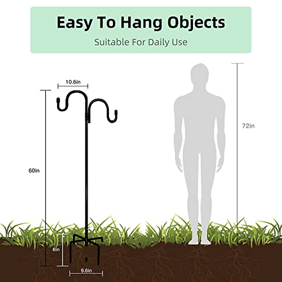 STARFAMI Double Shepherds Hook for Outdoor with 5 Prongs Base, Upgraded Adjustable Garden Hanging Stand Plant Holders for Bird Feeder, Plant Baskets, Solar Light Lanterns, Wedding (60 Inch 2pcs)