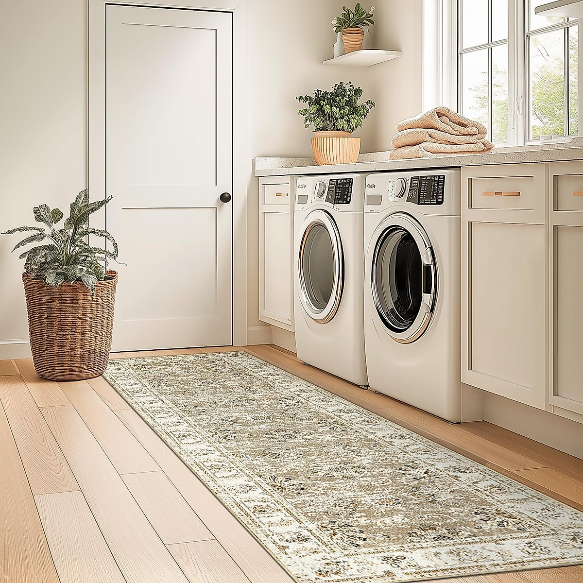 jinchan Hallway Runner Rug 2x10 Machine Washable Runner Rug Taupe Vintage Floral Design Non-Slip Ultra-Thin for Kitchen Laundry Room Bedroom Farmhouse (2‘x10',Taupe)