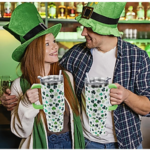 Nqhsionv St Patricks Day Tumbler with Handle 40 oz Green Lucky Shamrock Coffee Travel Mug Stainless Steel Insulated Cup Irish Saint Patricks Decor Gifts
