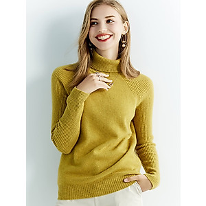 LINY XIN 100% Merino Wool Swetaer for Women Turtleneck Long Sleeve Fall Winter Warm Knitted Pullover Sweater Jumper (Yellow Green,L)