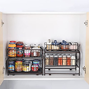 MOOACE 2 Pack Stackable 2-Tier Under Sink Cabinet Organizer with Sliding Storage Drawer, Sliding Basket Organizer for Kitchen, Bathroom, Pantry, Cabinet, Brown