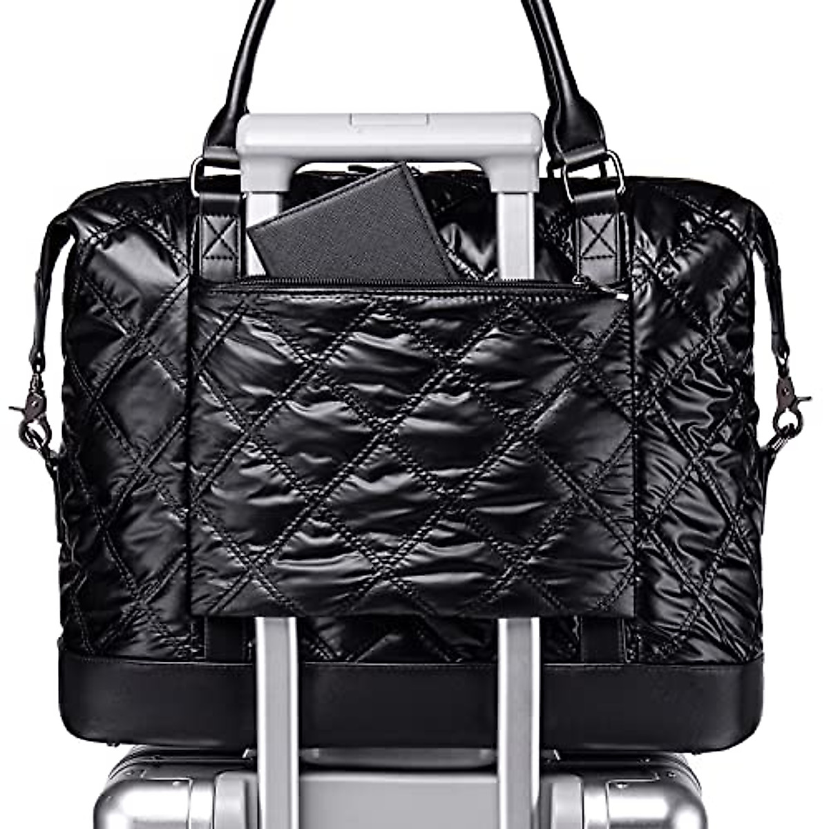 LEDAOU Weekender Travel Overnight Bag Women Ladies Quilted Carry On Tote Duffle Bag with Luggage Sleeve (Quilted Black)