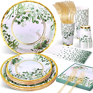 Etsutomy Sage Green Party Decoration, 126PCS Sage Green Plates and Napkins Party Supplies, Spring Greenery Eucalyptus Green Leaves Disposable Dinnerware Decor for Wedding Birthday Baby Shower