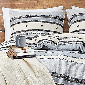 Hyde Lane Boho Blue King Comforter Set ，Modern Farmhouse Tufted Bedding Sets, Cotton Top with Neutral Rustic Style Clipped Jacquard Stripes, 3-Pieces Including Matching Pillow Shams (104x90 Inches)