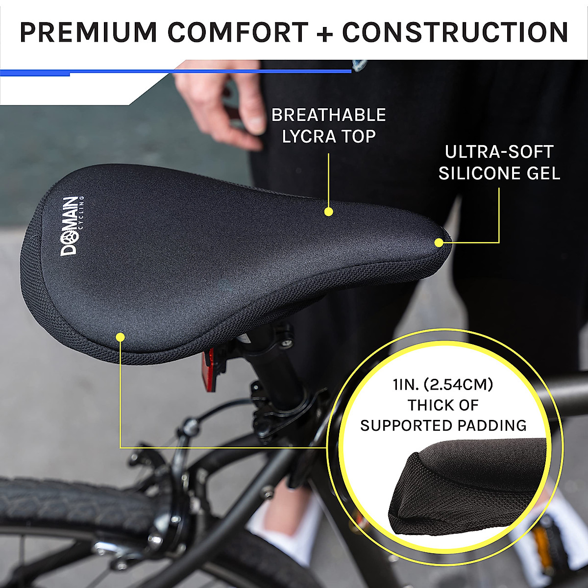 Domain Cycling Gel Bike Seat Cushion- Secure Peloton Fit for Smooth Stable Rides- Non-Slip Bicycle Seat Cushion for Exercise Bikes, Padded Bike Cushion Seat Cover for Men or Women Comfort, 10.5”x7”