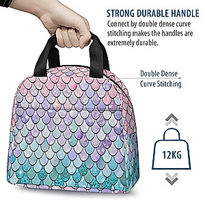 Lunch Bag, Cute Kids Reusable Cooler Lunch Tote Bag Insulated Leakproof Lunch Box Container with Front Pocket for Girls Boys School Work Picnic (Pink Meraid Scale)