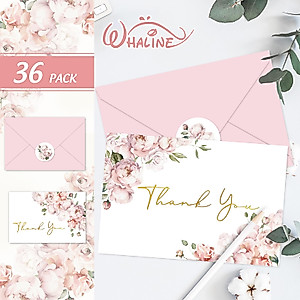 Whaline 36 Packs Floral Gold Foil Thank You Cards Watercolor Pink Flower Greeting Cards Blank Note Cards with Envelopes and Stickers for Wedding Baby Shower Bridal Shower Party, 4 x 6 Inch