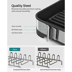 SONGMICS Small Dish Drying Rack, Dish Dryer for Kitchen Counter, Stainless Steel Dish Rack with Drain, Utensil Holder, Rustproof, for Dishes, Knives, Spoons, Forks, Silver and Black UKCS034B01