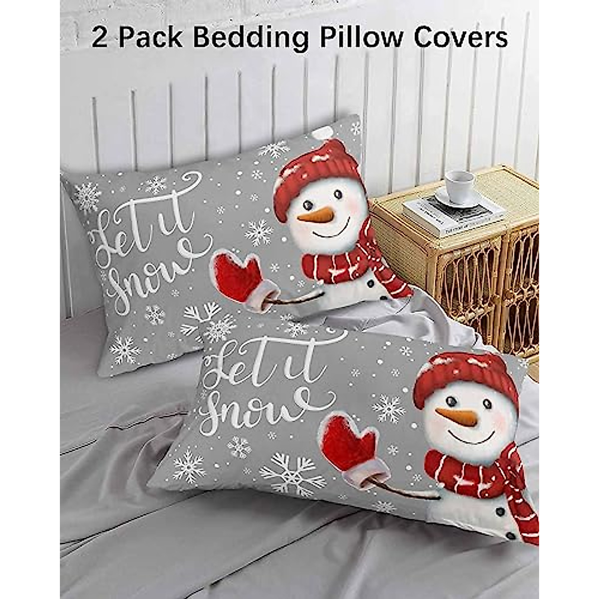 Edwiinsa Christmas Snowman Pillow Covers Standard Size Set of 2 Bed Pillow, Winter Red Snowflake Grey Plush Soft Comfort for Hair/Skin Cooling Pillowcases with Envelop Closure 20x26 Inches