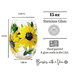 Brushes with a View Handmade Sunflower Stemless Wine Glasses, Gift for Women, Sunflower Kitchen Decor, Rustic Country Farmhouse, Set of 2, Hand Painted