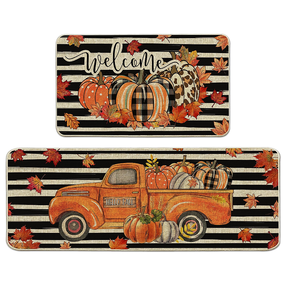 Thanksgiving Fall Kitchen Mats 2 Piece, Kitchen Rugs and Mats, Pumpkins Truck Stripe Welcome Mats for Floor, Bathroom, Decorative Non Skid Washable, Fall Home Kitchen Thanksgiving Decorations