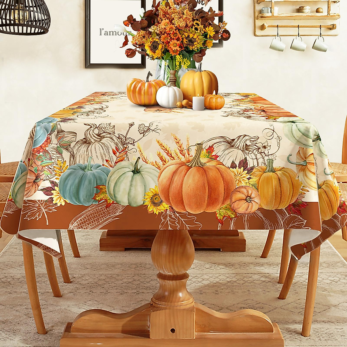cusugbaso Thanksgiving Tablecloth 60x84 Inch Rectangle - Thanksgiving Decorations for Table - Water-Resistant Give Thanks Fall Table Cloth Rectangle for Party,Table, Holiday Decoration