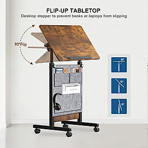 KOUPA Height Adjustable Standing Desk with Storage Bag 16 x 24 in, Portable Rolling Mobile Stand Up Table with Wheels, 360° Flip Laptop Computer Desk for Home Office, Rustic Brown