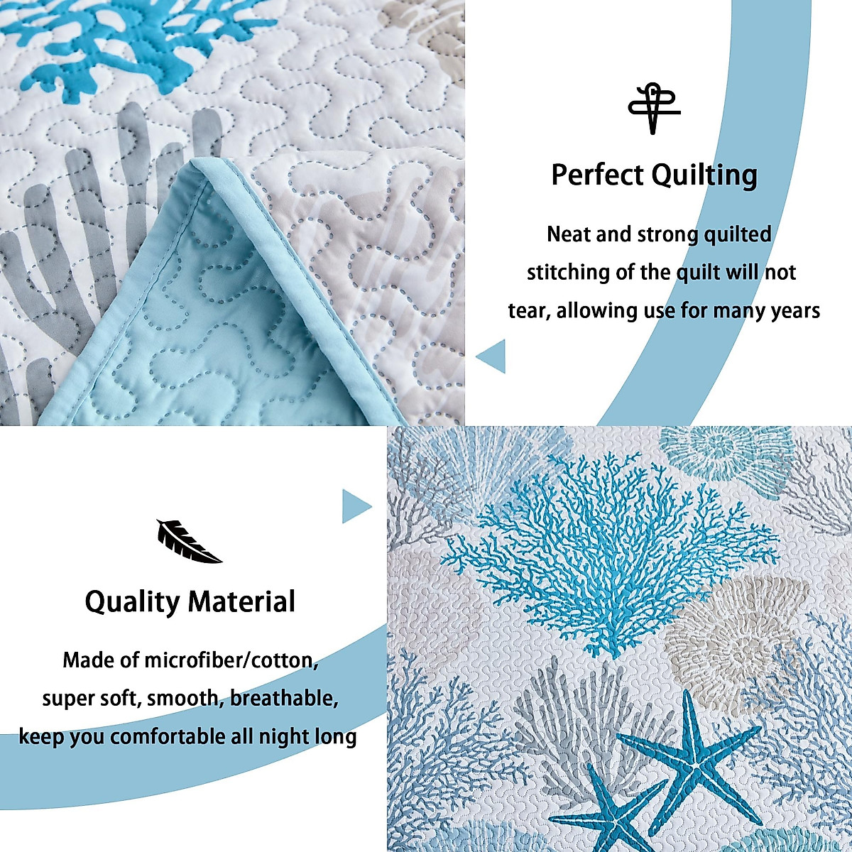 Tritard 3 Piece Coastal Quilt Sets Full/Queen Size - Reversible Microfiber Quilts with 2 Shams Soft Lightweight Beach Bedding Nautical Bedspread Coverlet Summer Comforter for All Season, 90''x96'', C1