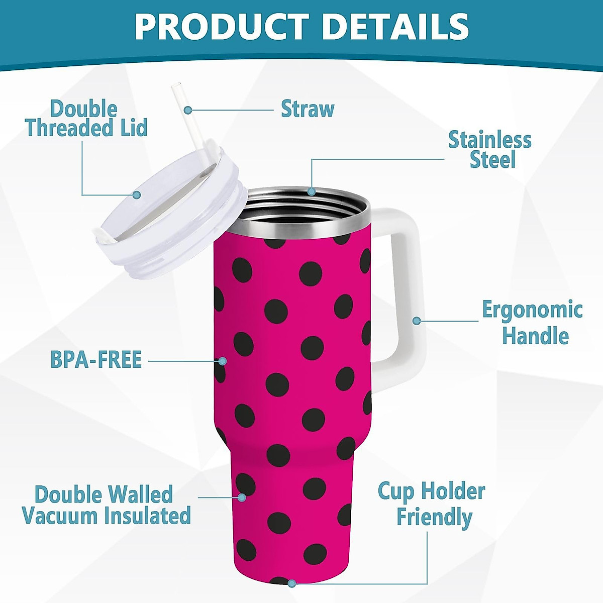 GAIGEO Hot Pink Polka Dots Tumbler Cups, Reusable 30 Oz Tumbler with Lid and Straw, Double Wall Vacuum Insulation, Suitable for Family Office Sport