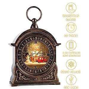 Snowman Red Truck Clock Christmas Snow Globe Lantern-Glittering Light Up Musical Snow Globe Christmas Decorations, 6H Timer, USB & Battery Operated, Christmas Indoor Home Décor