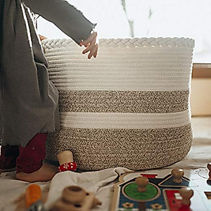 Cotton Rope Basket for Living Room Blanket Storage - Kids Playroom Storage Organizer - Woven Nursery Laundry Basket for Clothes, Bathroom Towels, Toys - Home Decorations Bins - Extra Large 20"D x 13"H