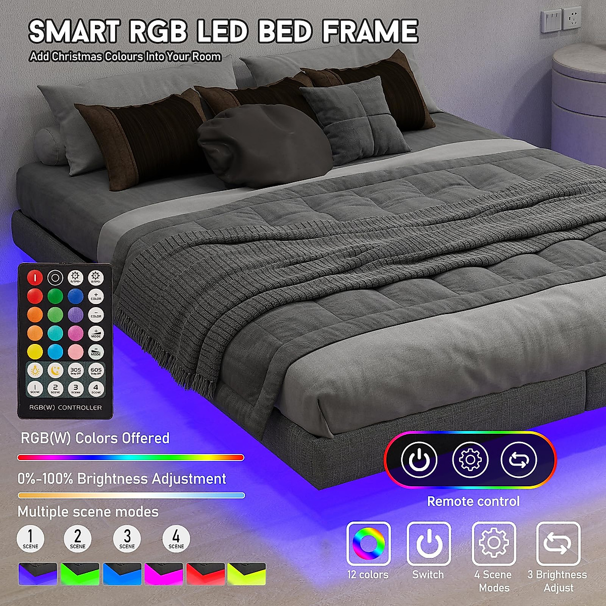 Anyhave 10.6" High Queen Floating Bed Frame Queen Size with LED Lights, Heavy Duty Metal Slats Support, No Box Spring Needed/Noise-Free/Large Under Bed Storage/Easy to Assemble