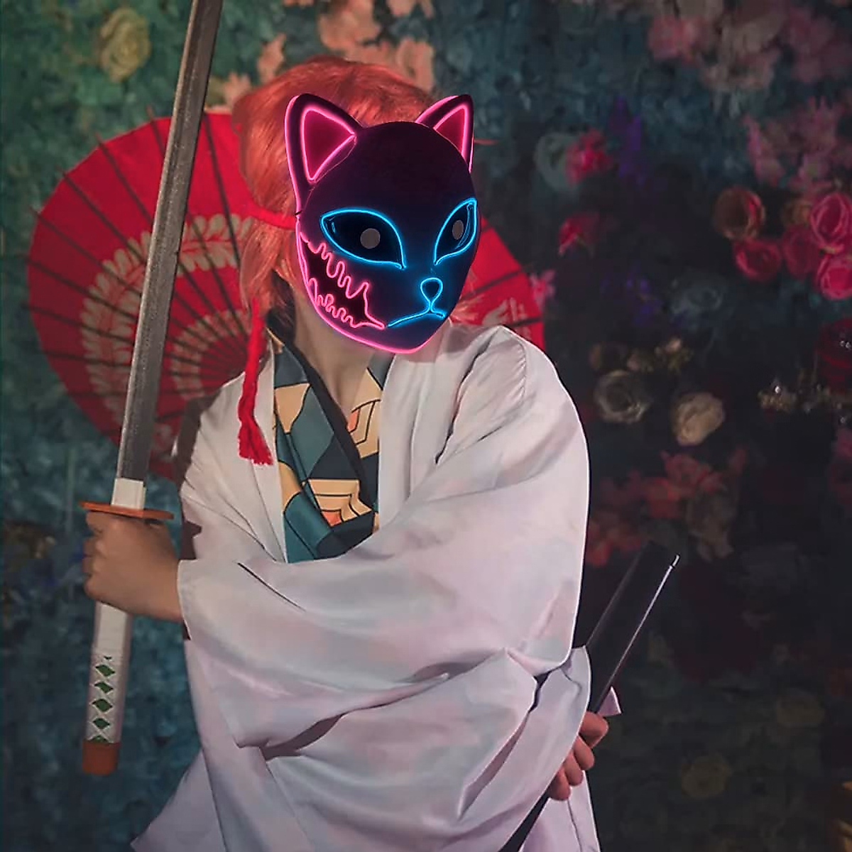 AnNido Halloween Purge Mask, LED Light Up Scary Masquerade Cosplay Mask for Men Women Kids Costume Festival Parties Gifts (Fox-Pink)