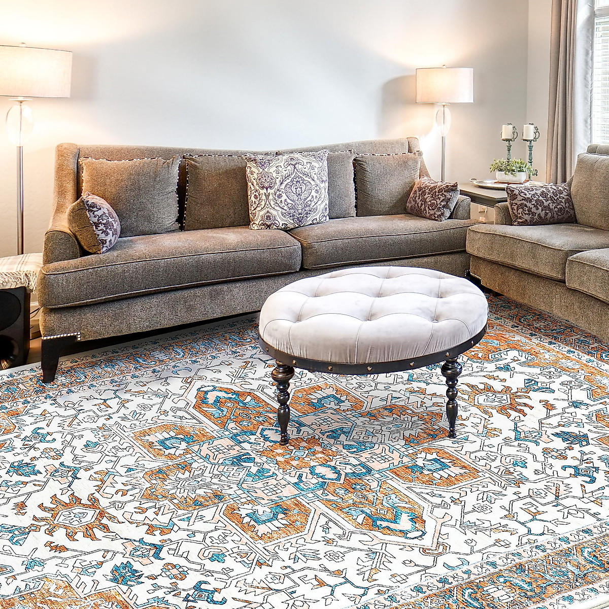 Mcadore 8x10 Washable Boho Area Rug - Non Slip, Indoor Large Carpet for Living Room, Bedroom, Kitchen - Tangerine/Multi Color, Easy to Clean, Durable and Stylish