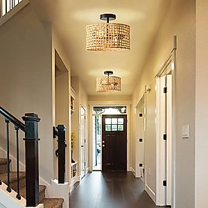 XININSUN Rattan Ceiling Light Fixtures, Boho Woven Semi Flush Mount Ceiling Light,2-Light Rattan Light Fixtures Ceiling Mount,Farmhouse Close to Ceiling Light for Bedroom Hallway Entryway, (000)