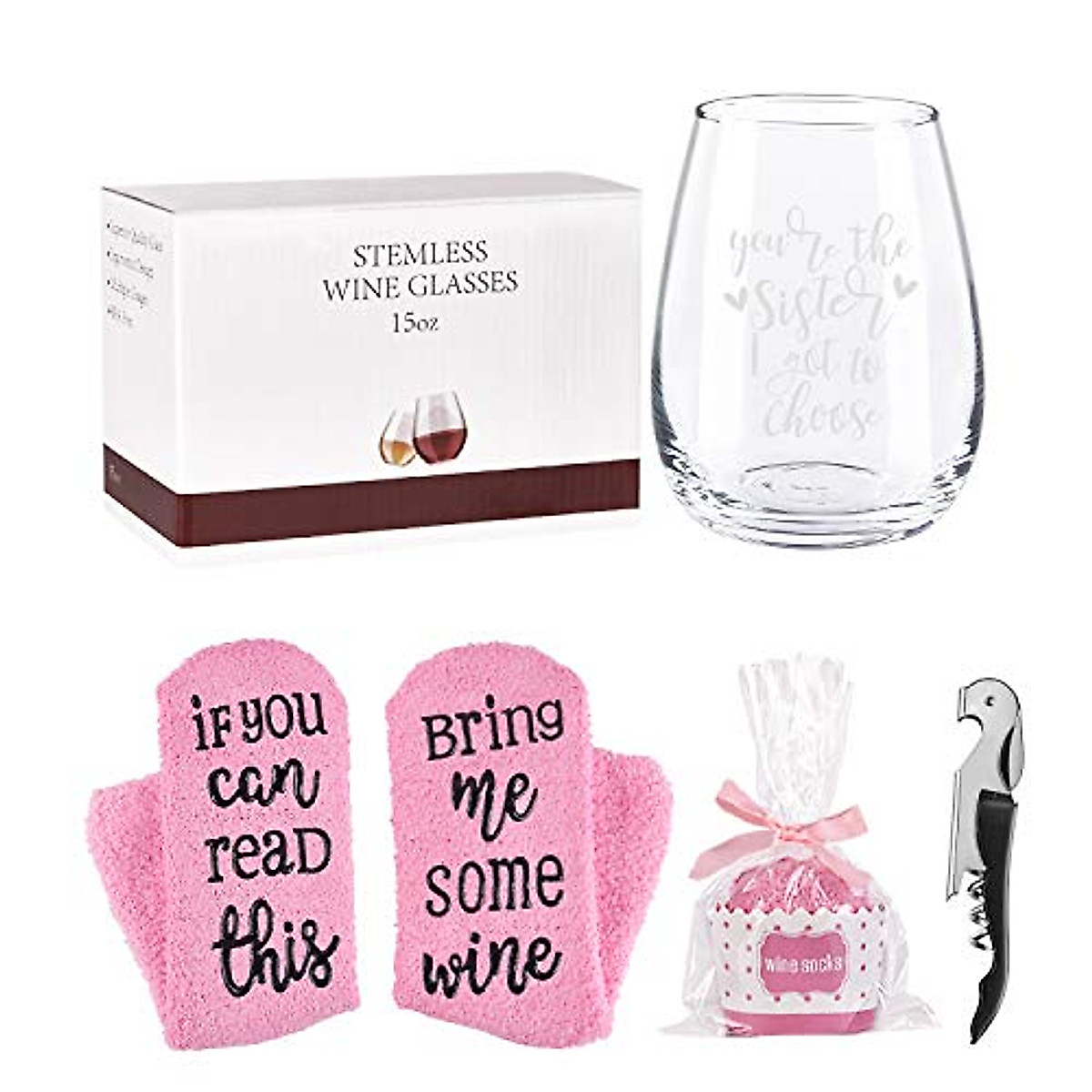 You're the Sister I Got to Choose Stemless Wine Glass 15Oz with Cupcake Wine Socks Set, Sister Wine Glass for Birthday Galentine's Day Mother's Day Christmas, Ideal for Women Friend Sister BBF