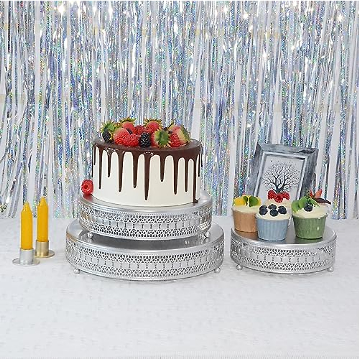 FEICTPOX Cake Stand Set of 3 Metal Cupcake Stands Dessert Display Plate for Wedding Party Birthday … (Silver)