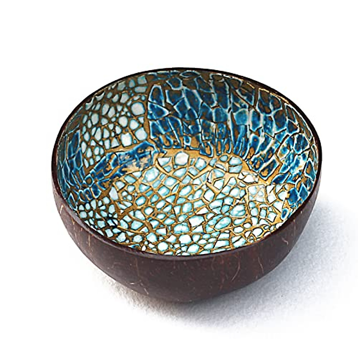 ChezMax Natural Coconut Bowl Mother of Pearl Inlaid Shell Bowls Key Bowl for Entryway Table Candy Container Nuts Holder Fruits & Dry Snack Storage Bowl Round Handcrafted Bowl for Decoration(Blue-Gold)