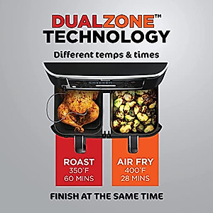 Ninja DZ550 Foodi 10 Quart 6-in-1 DualZone Smart XL Air Fryer with 2 Independent Baskets, Smart Cook Thermometer for Perfect Doneness, Match Cook & Smart Finish to Roast, Dehydrate & More, Grey