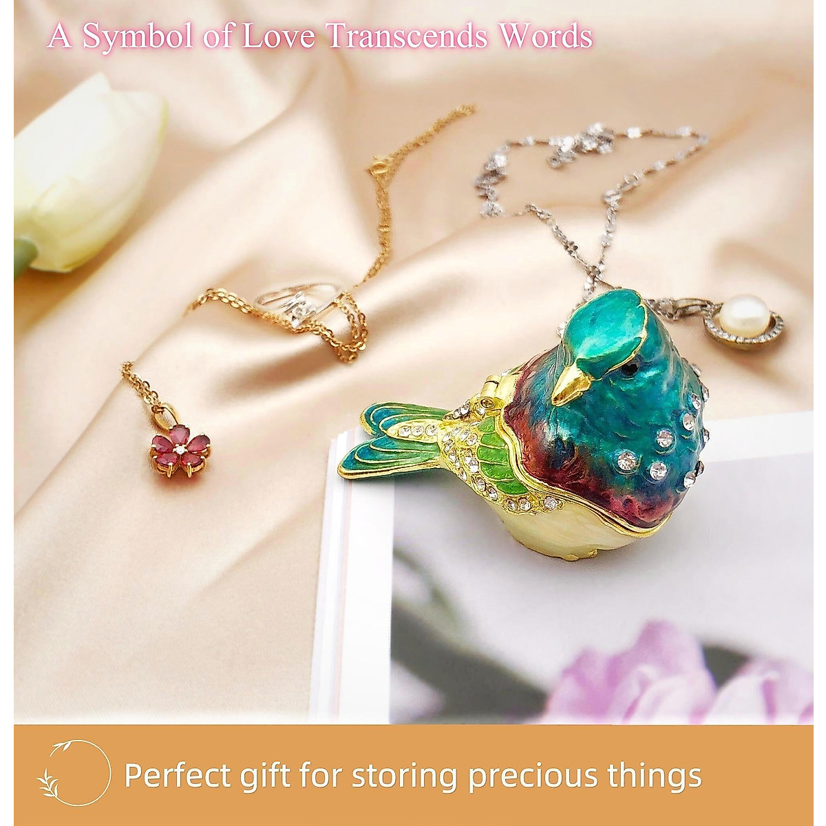 JWT Astyle Turquoise Green Bird Trinket Boxes Hinged ,Bird Decor with Crystals Enamel Jewelry Box.Necklace Ring Box Earrings Storage.Collectible Bird Lover Gifts Figurines Home Decor .