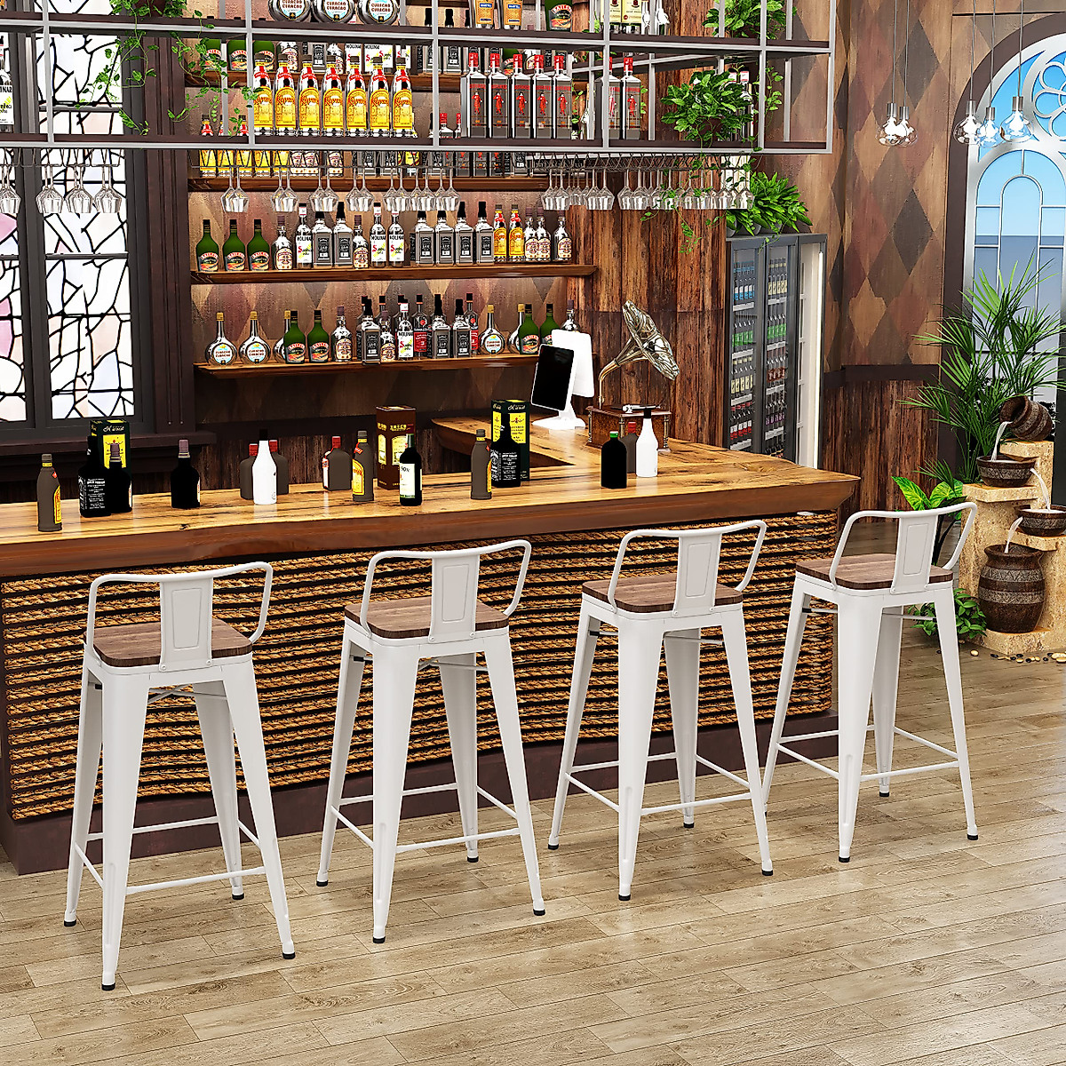 Changjie Furniture 24 Inch Bar Stools Set of 4 Industrial Metal Barstools Counter Height Bar Stool with Backs for Home Kitchen (24 inch, White)