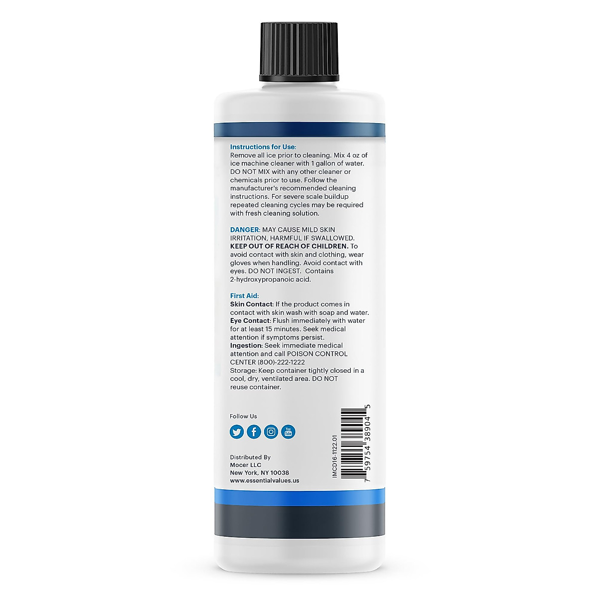 Essential Values Ice Machine Cleaner 16 fl oz, Nickel Safe Descaler | Ice Maker Cleaner Compatible with: Whirlpool 4396808, Manitowac, Ice-O-Matic, Scotsman, Follett & More! - Made in USA