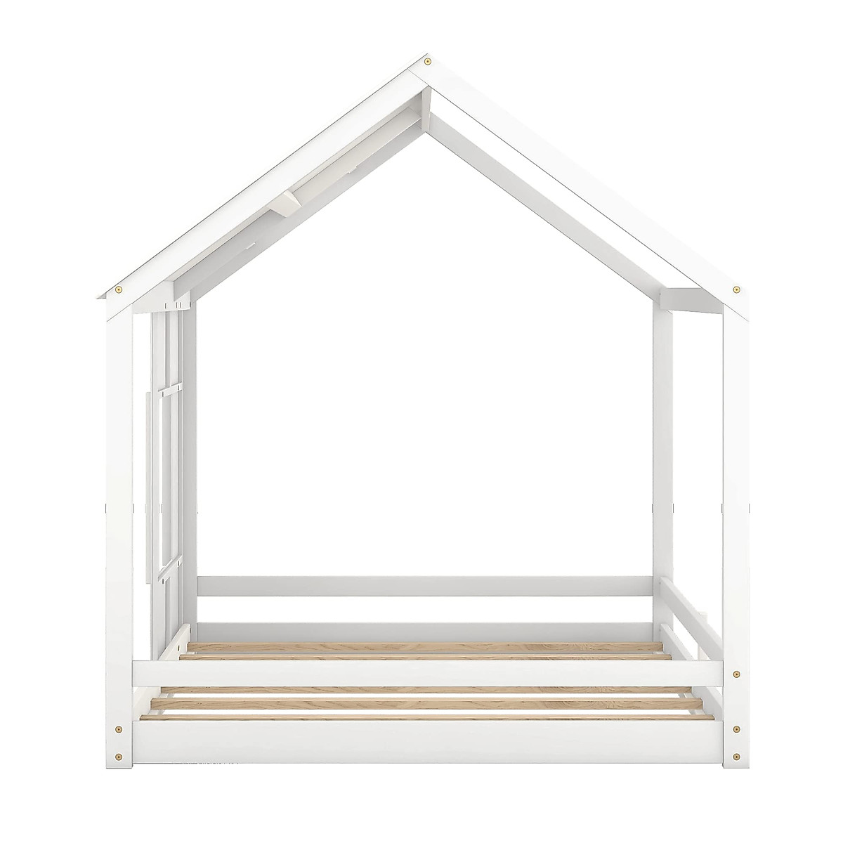 Bellemave House Bed Full Size Montessori Style Floor Frame Wood Kids Cabin Beds Fun Playhouse with Roof and Window for Girls Boys Teens, White