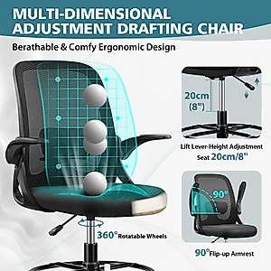Winrise Drafting Chair Tall Office Chair Ergonomic Desk Chairs with Lumbar Support and Flip-up Armrests, Adjustable Height Comfy Computer Chair with Swivel Task and Adjustable Foot Ring(Black)