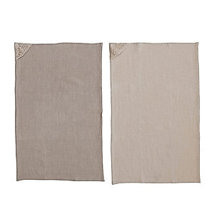 Creative Co-Op Cotton Woven Macramé Corners, Natural and Beige, Set of 2 Tea Towel, Tan