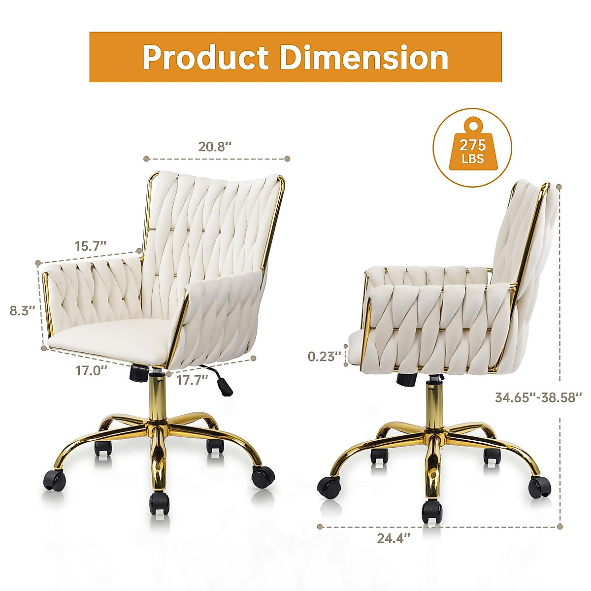 CLATINA Velvet Home Office Chair, Modern Ergonomic Swivel Vanity Chair with Arm and Wheels, Mid Back Desk Chair with Gold Base for Computer Study Makeup Living Room Bedroom, White (White, 1 PK)