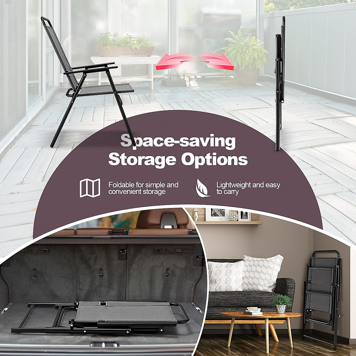 Tangkula Patio Folding Dining Chairs Set of 4, Space-Saving Outdoor Sling Chairs with Armrest & Backrest, Triangular Frame, Footpads, Outdoor Patio Chairs for Balcony, Garden, Poolside (Gray)