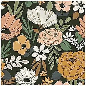 HAOKHOME 93217 Vintage Large Floral Peel and Stick Wallpaper Removable Daisy Leaf Black/Sand/Oliva Vinyl Self Adhesive Mural 17.7in x 6.6ft
